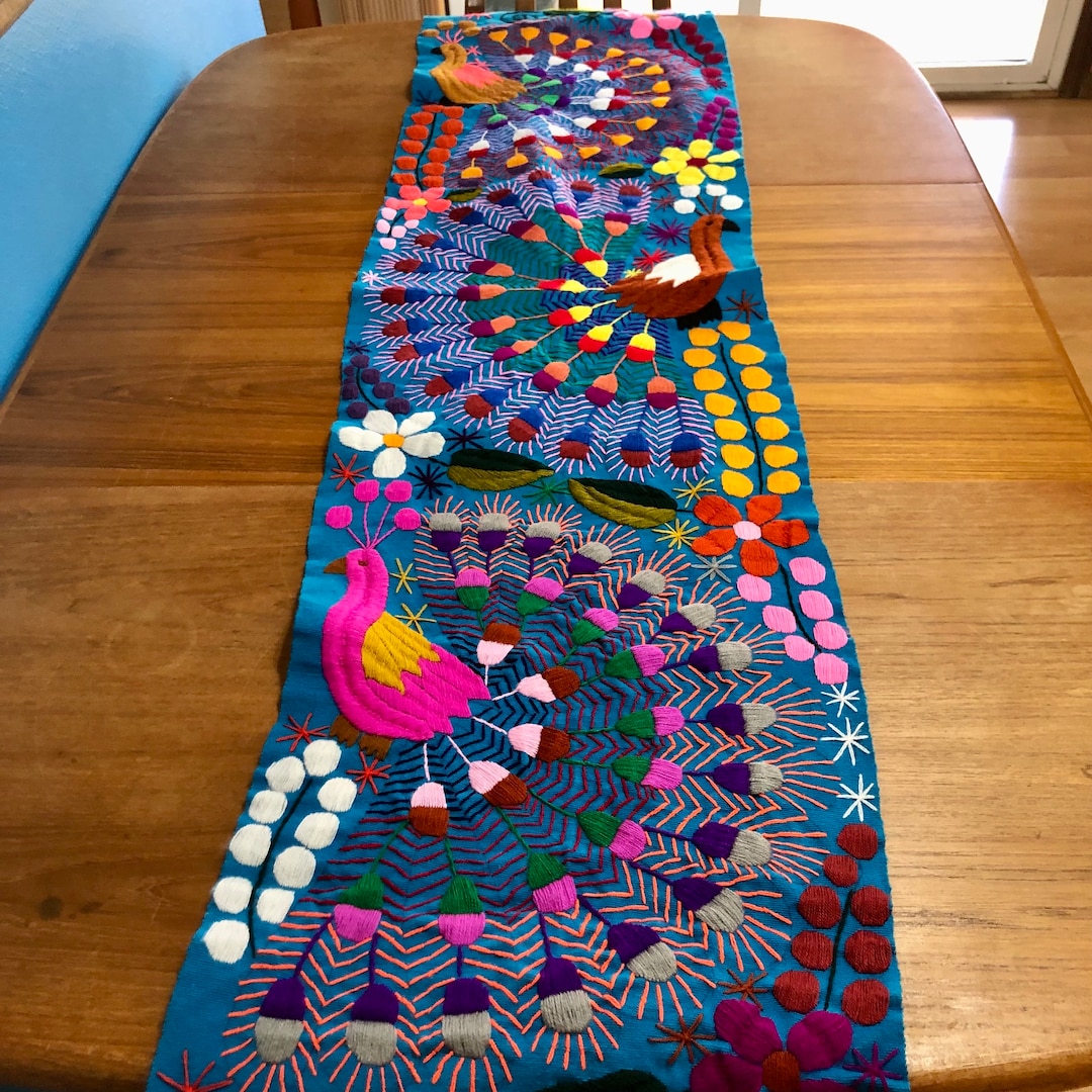 Hand Embroidered Table Runner Blue Turquoise Base With - Etsy