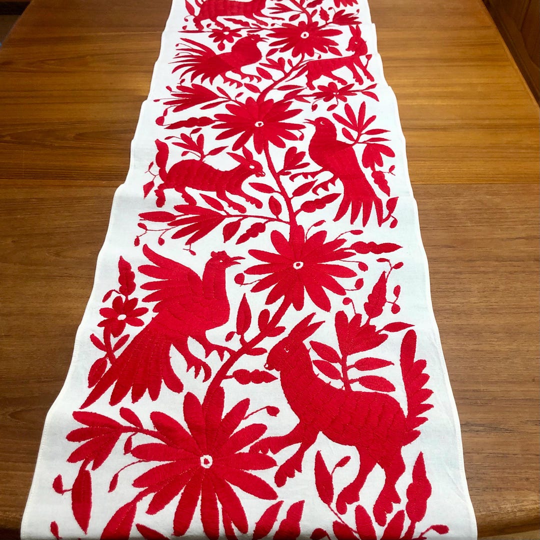 Hand Embroidered Otomi Table Runner: Scarlet Red Animals & Flowers (74 ...