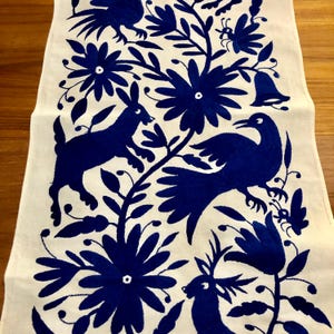 Hand Embroidered Otomi Table Runner: Blue Mexican Tenango Art (75" X 17 ...