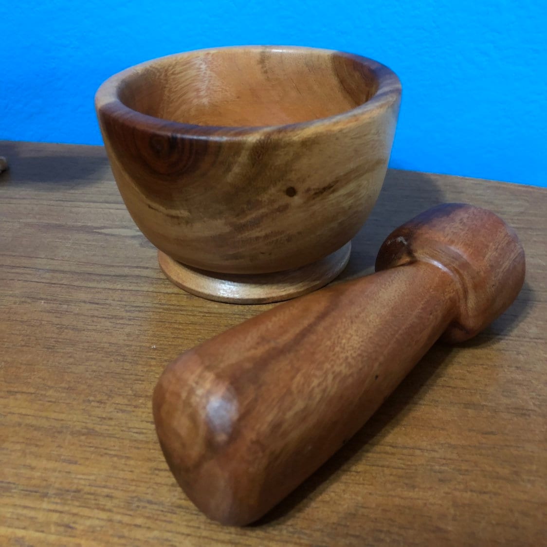 Hand carved wood mortar and pestle made with Guamuchil wood from Mexico