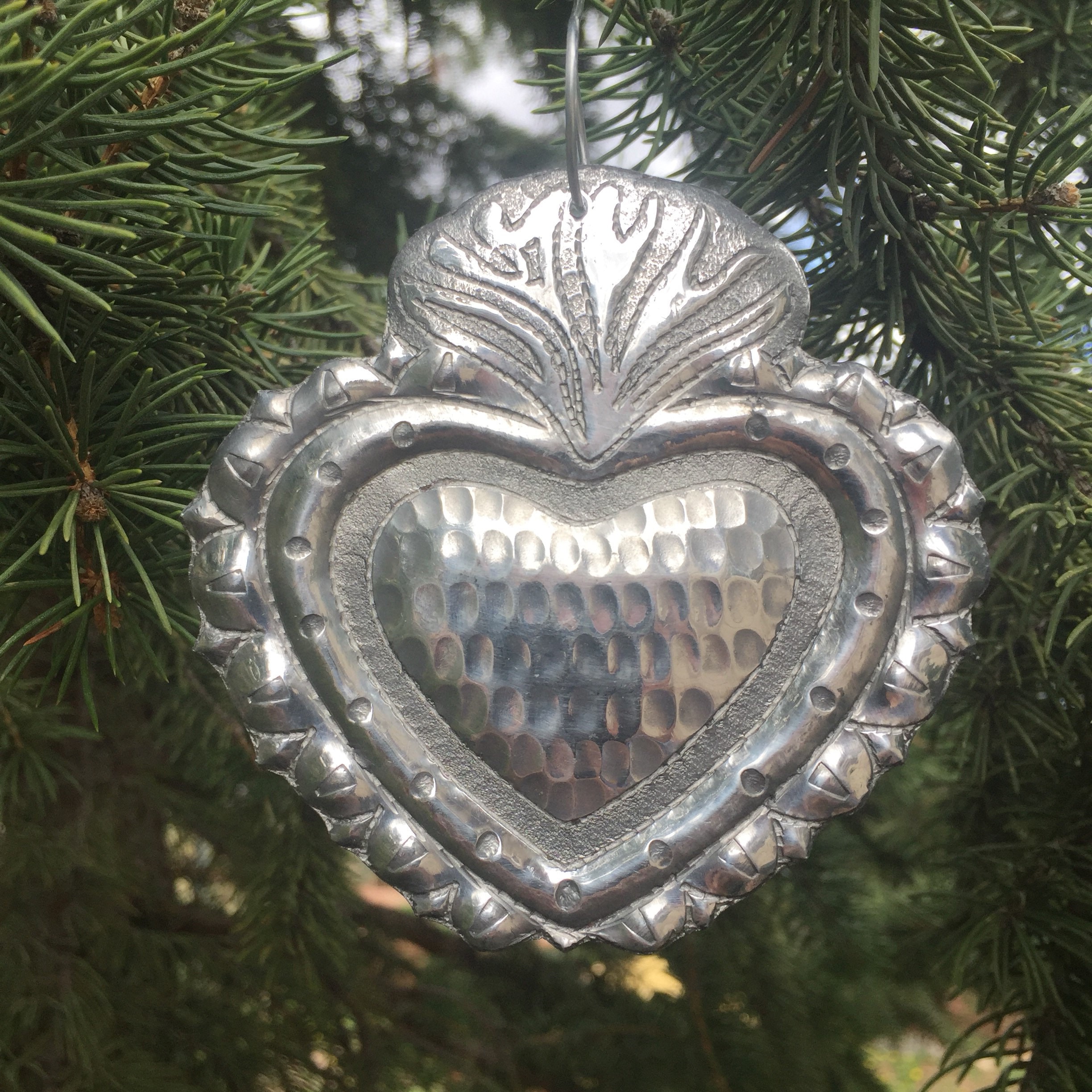 Handcrafted Pure Hammered Aluminum Milagro Heart Christmas Tree Ornament