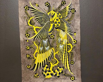 Handpainted Amate Paper Art With Blue Birds - Etsy