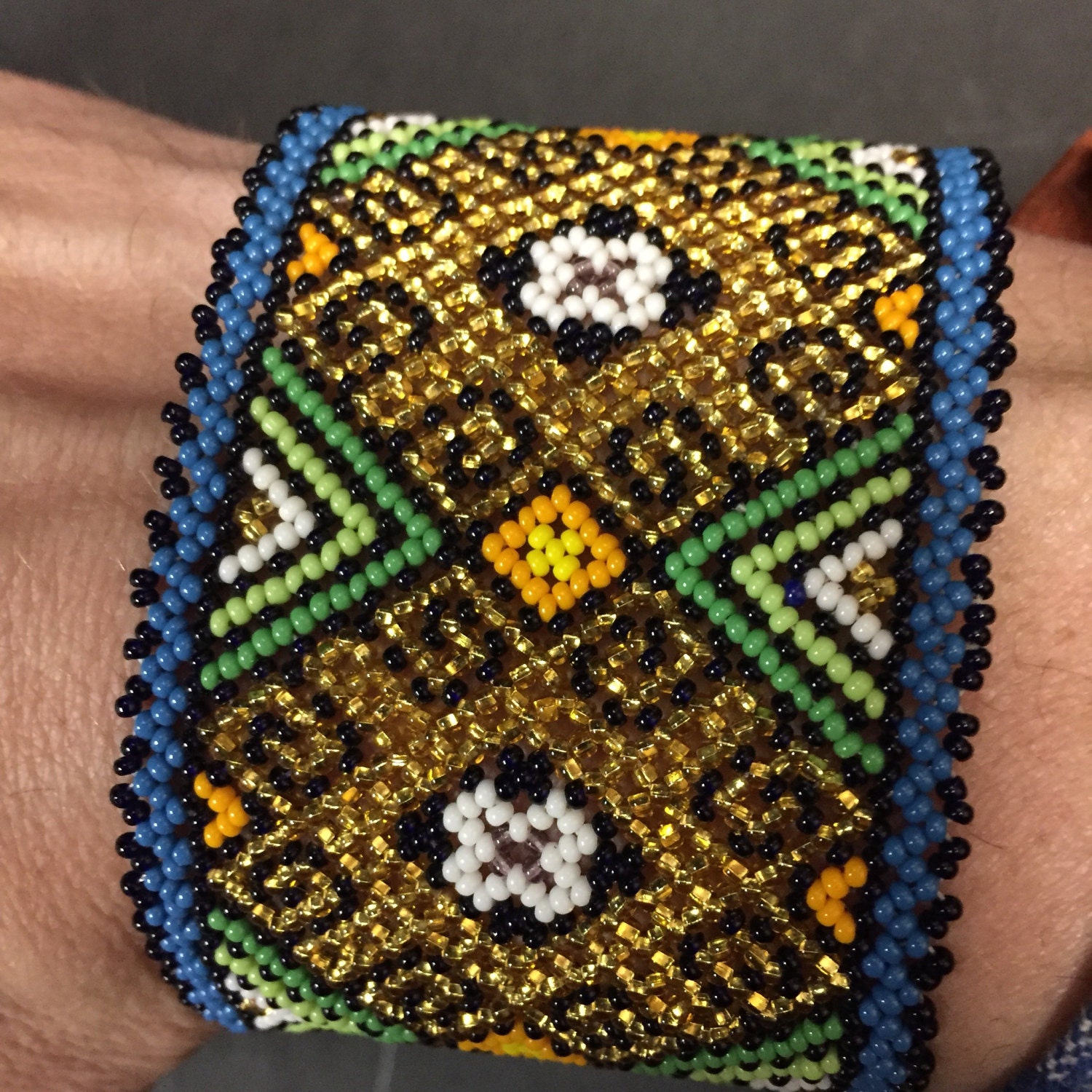 Huichol Beaded Bracelet w/ intricate design (6 3/4 long x 1 3/4 wide)