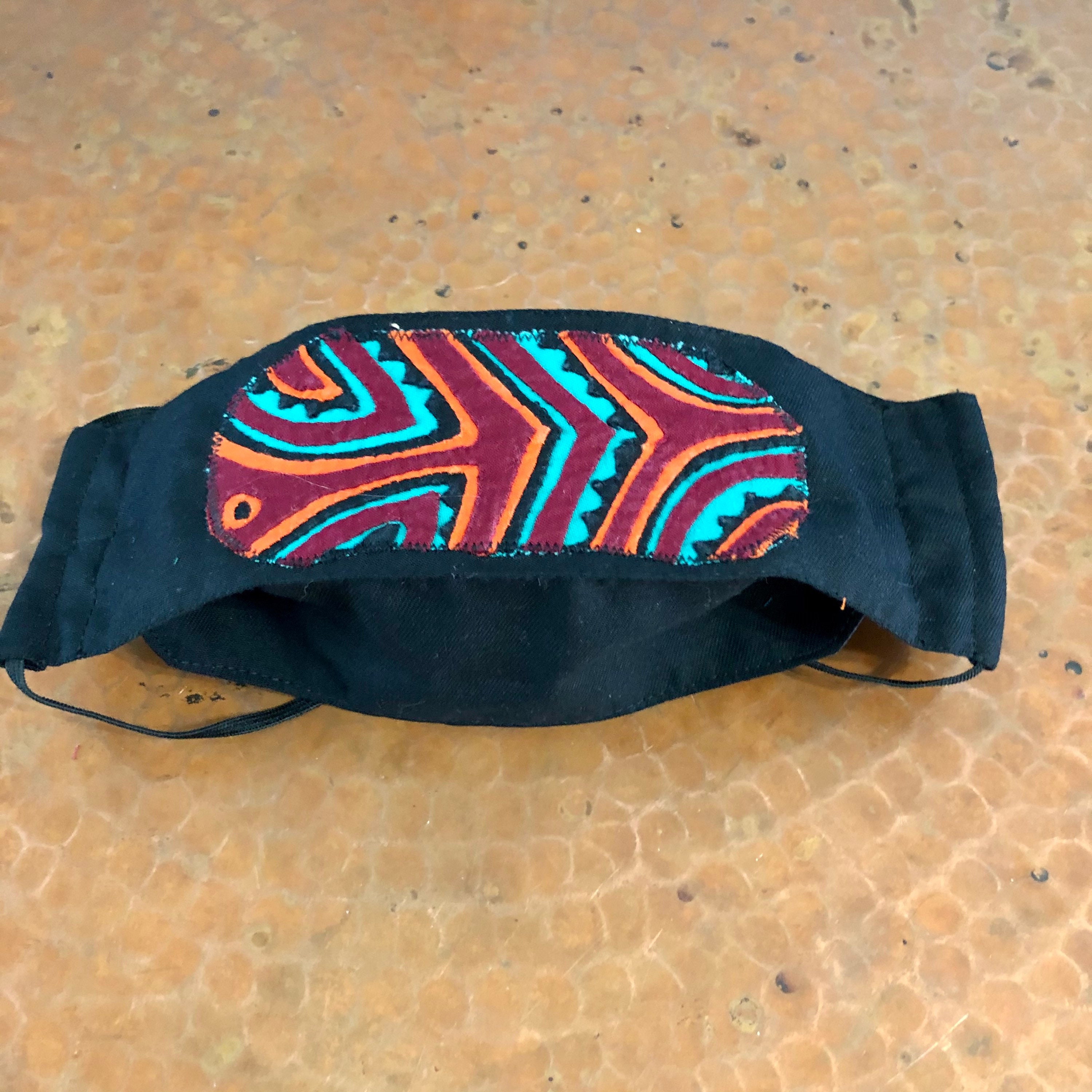 Colombian Face Mask with Traditional Kuna Mola Art Design - black.