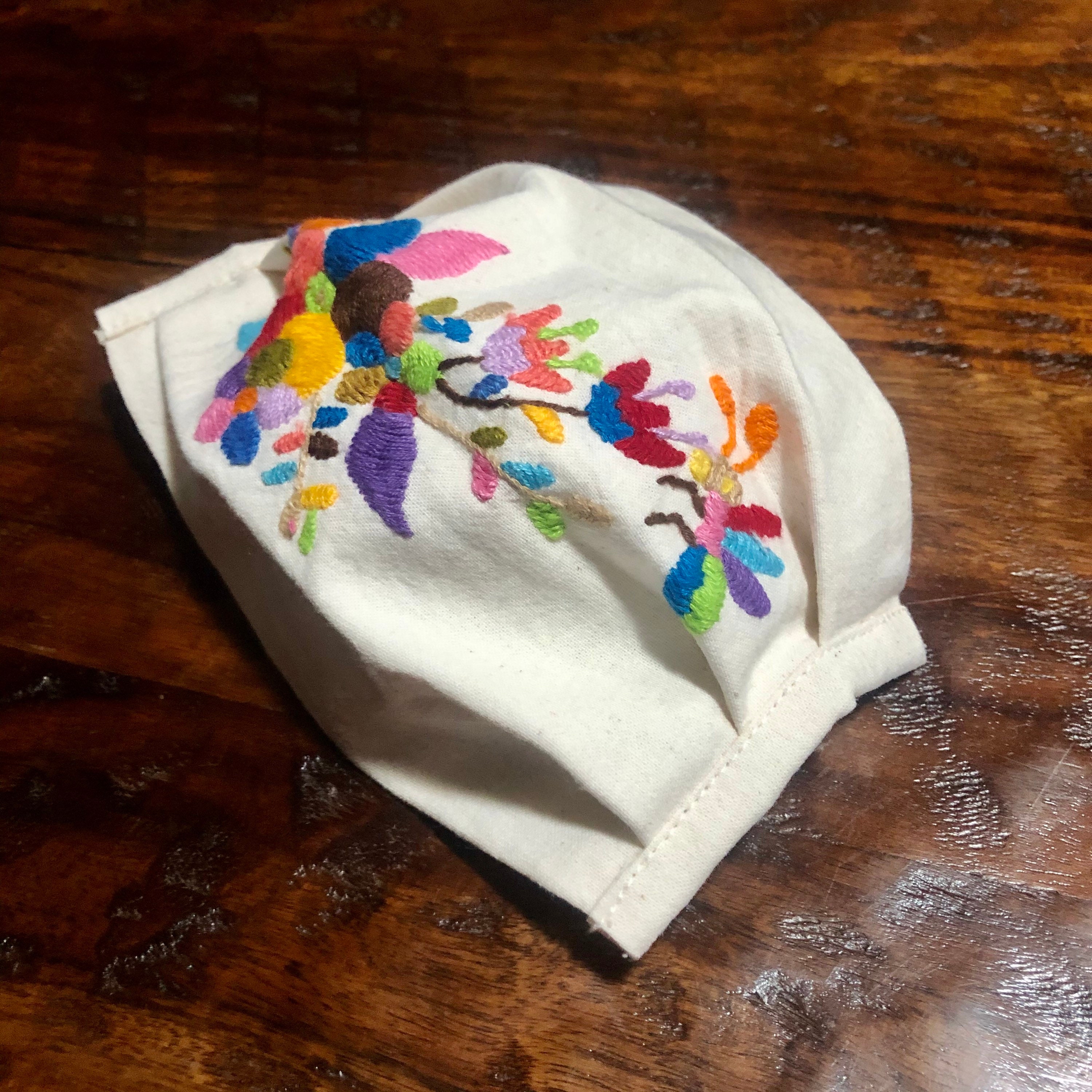 Handmade Muslin Cotton Face Mask with Otomi Embroidery Flowers and Bee ...