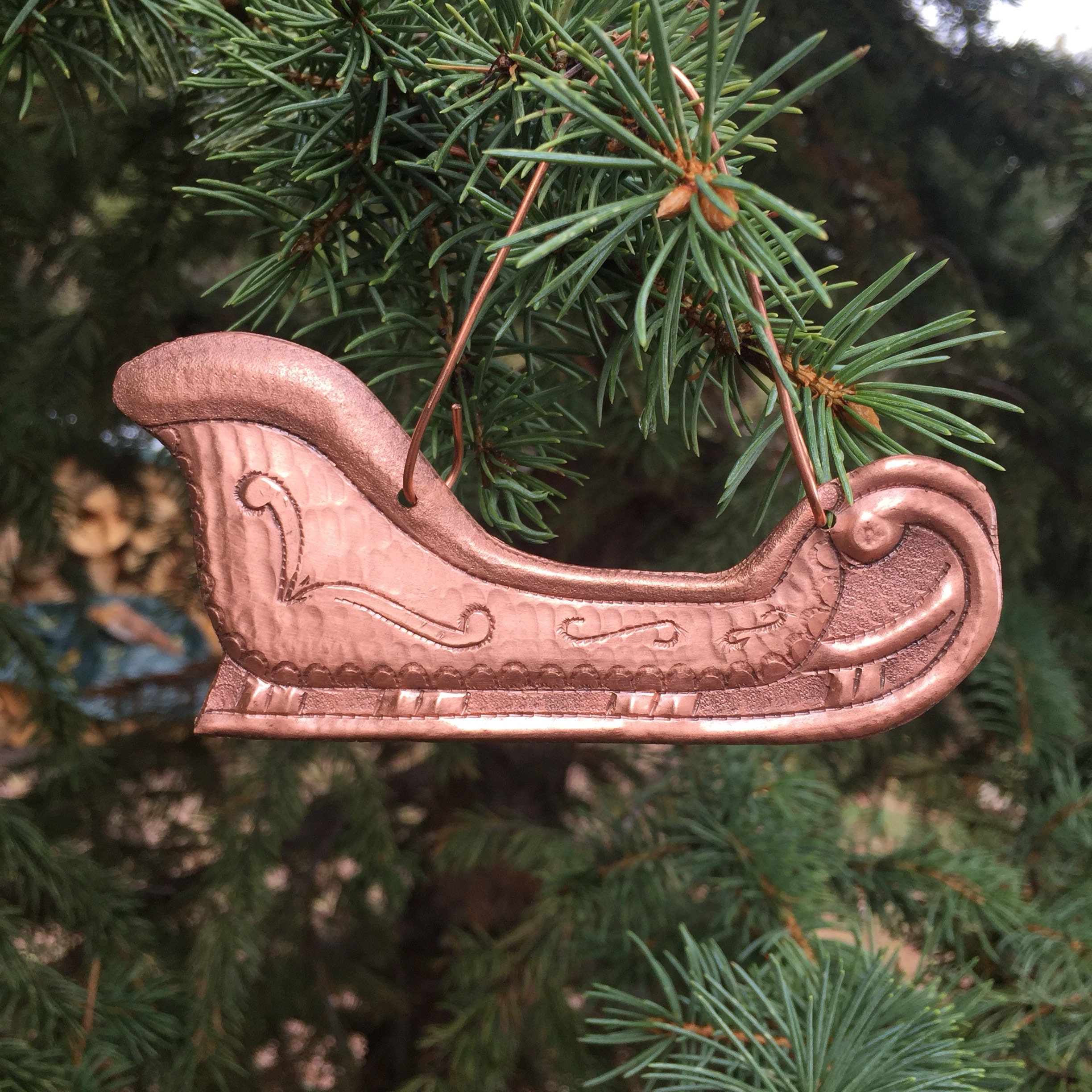 Handcrafted Pure Hammered Copper Santa's Sleigh Christmas Tree Ornament