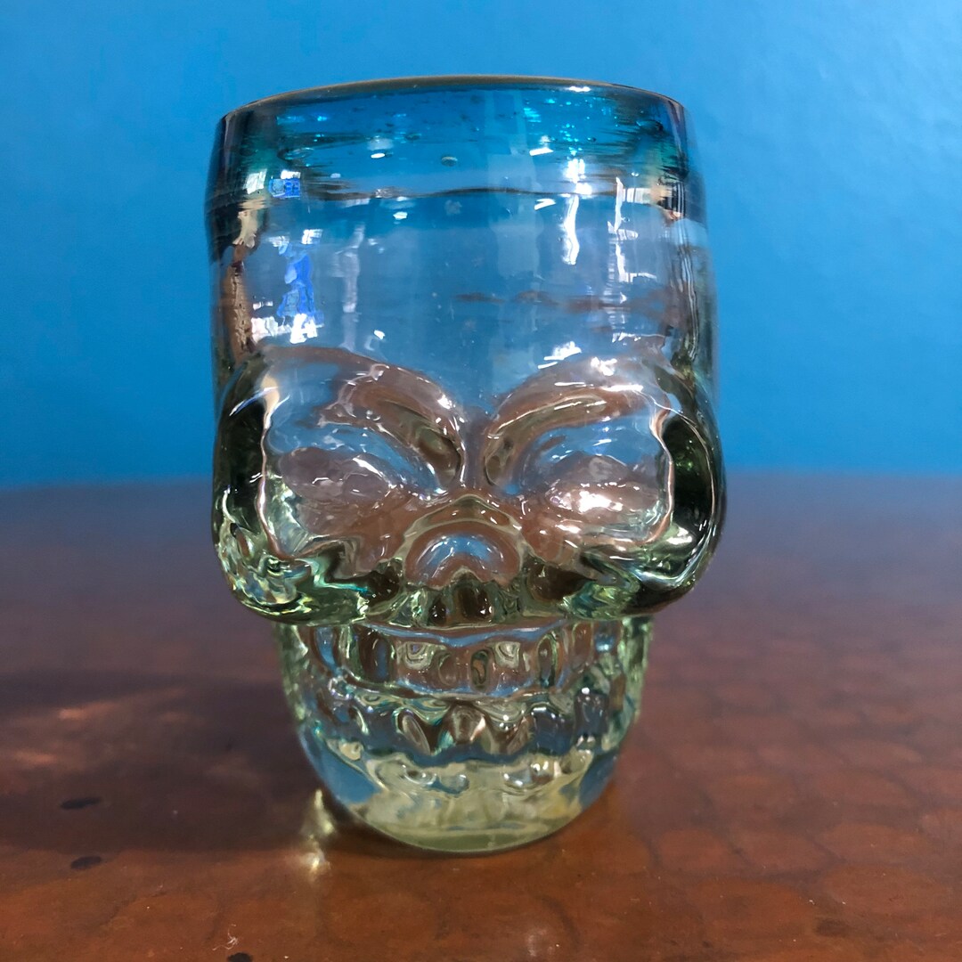 Hand Blown Skull Shaped Shot Glass (2oz) - Turquoise Rim - Etsy