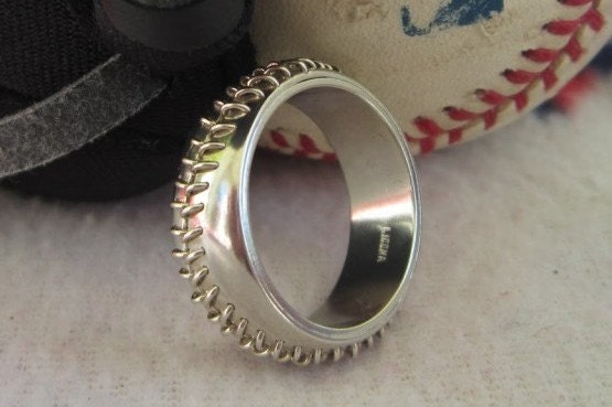 Sterling Silver Hand-stitched Baseball Ring, Engagement, Wedding Band ...