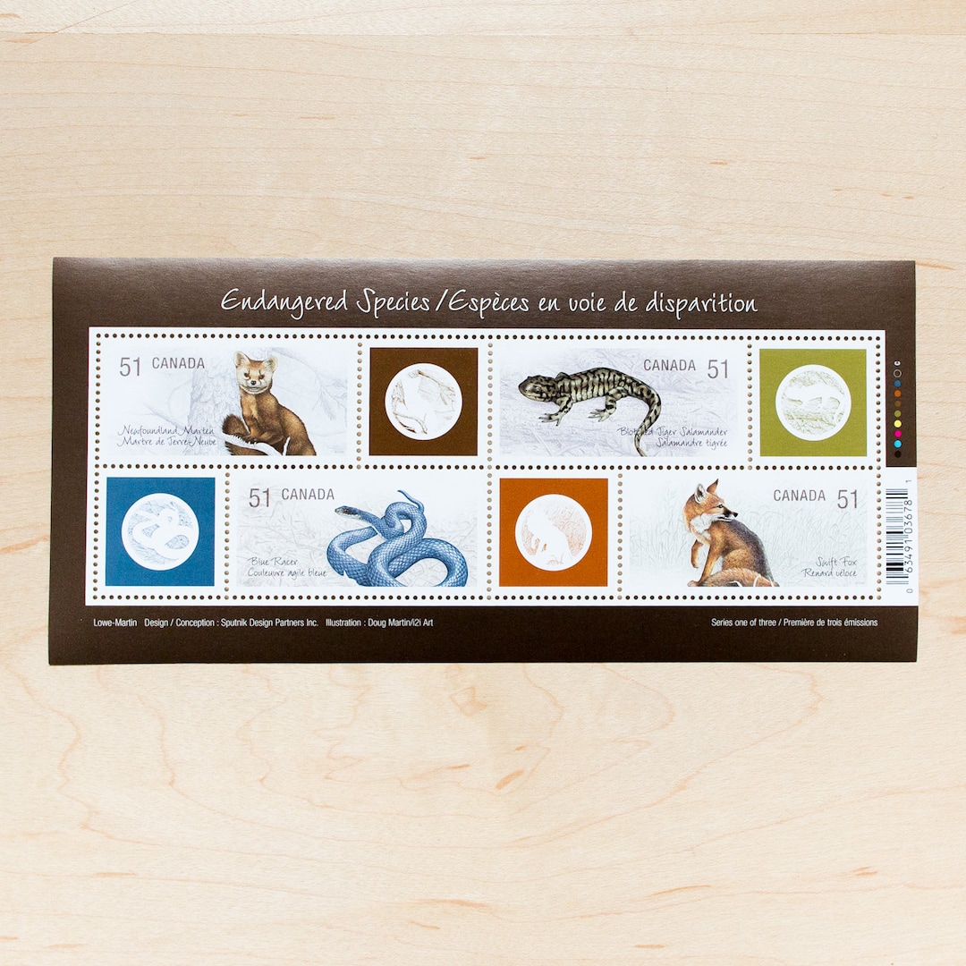 4 Endangered Species Postage Stamps, Canada, Fox, Lizard, Snake, Marten ...
