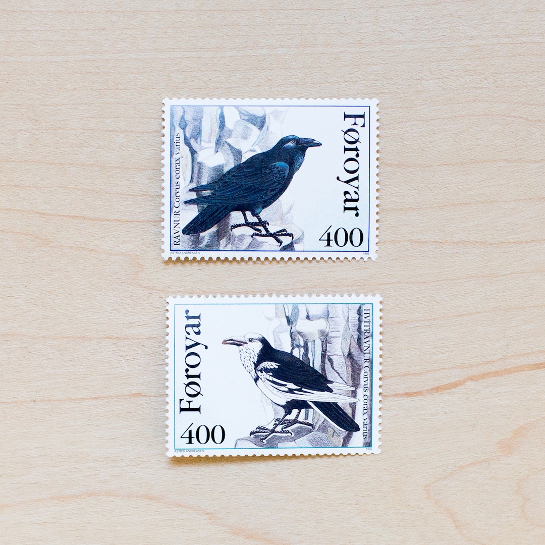 2 Raven Bird Postage Stamps, Faroe Islands, Unused, Calligraphy ...
