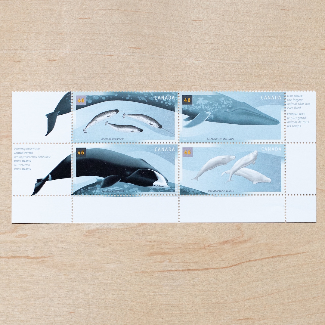 4 Whale Postage Stamps, Narwhal, Canada, Blue Whale, Bowhead, Beluga ...