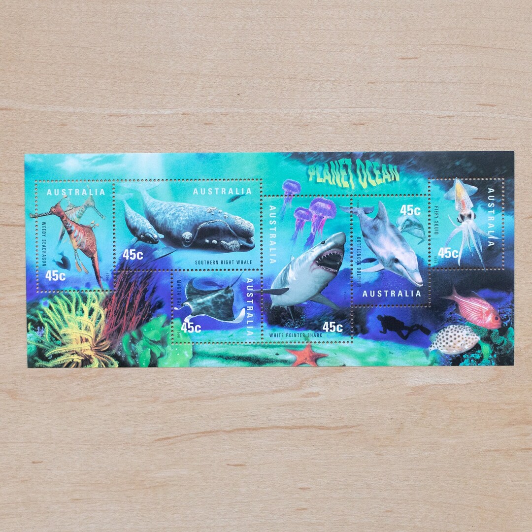 6 Marine Life Postage Stamps, Unused Australia, Seahorse, Squid, Oceans, Shark, Coral Reef ...