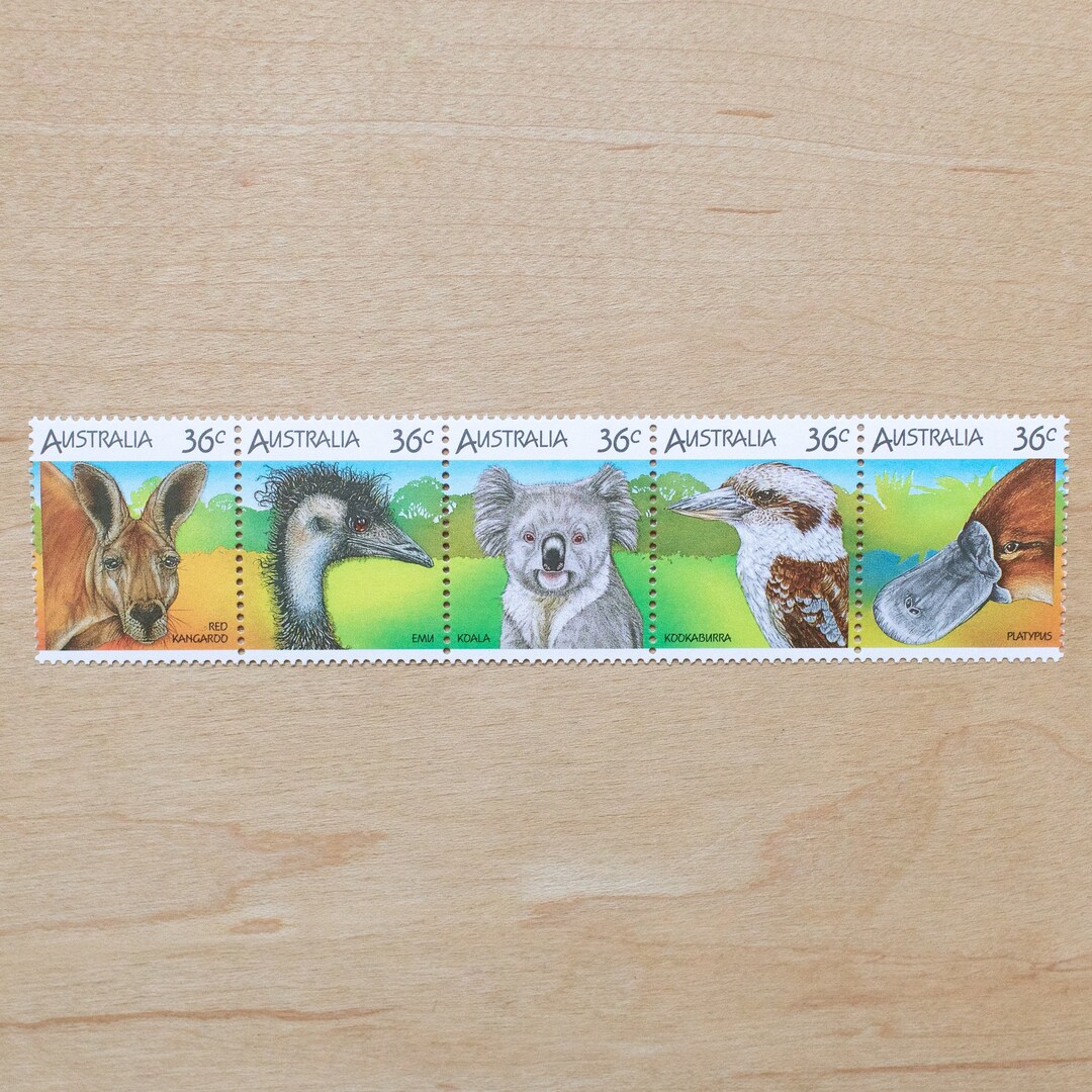 5 Animal Postage Stamps, Australia, Unused, Kangaroo, Emu, Koala ...