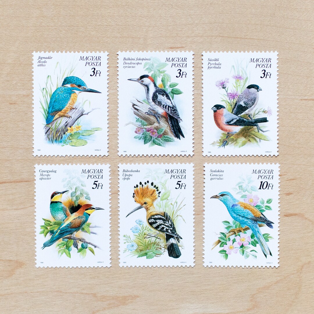 6 Bird Vintage Postage Stamps, Wedding Calligraphy, Bright Colours ...