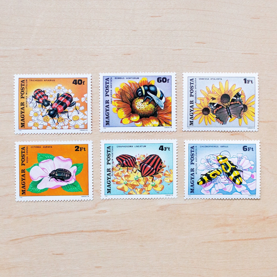 6 Bee Insect Vintage Postage Stamps, Flowers, Hungary, Styling ...