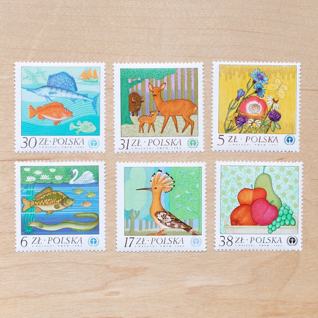 6 Nature Postage Stamps, Deer, Birds, Flowers, Fish, Poland Unused ...