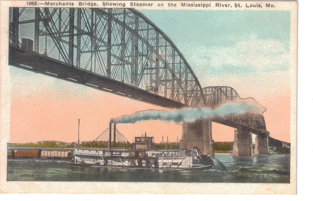 Antique Postcard: Merchants Bridge, Showing Steamer on the Mississippi ...