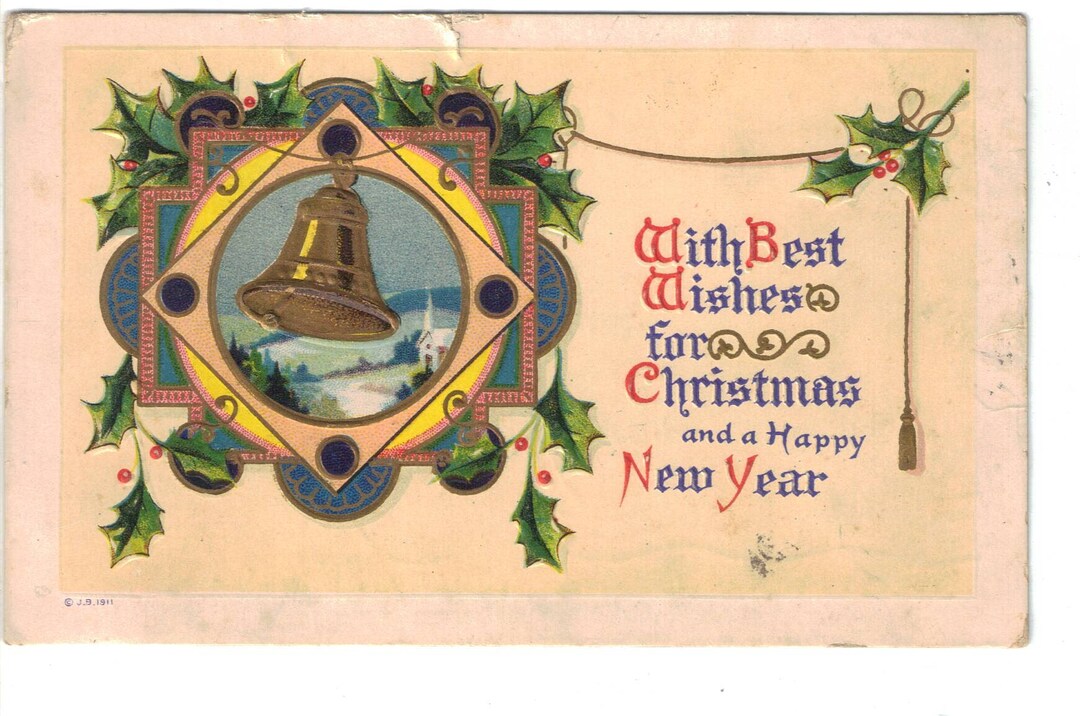 Gold Bell, Christmas and New Year's Greeting Embossed, 1911 Antique ...