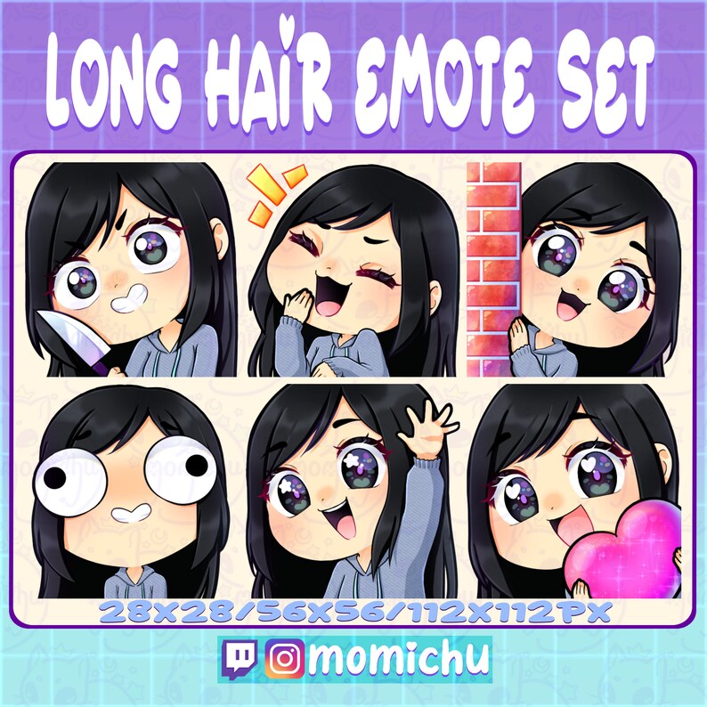 Kawaii Chibi Emo Goth Girl / 6 Cute Anime Emotes / Long Black Hair ...