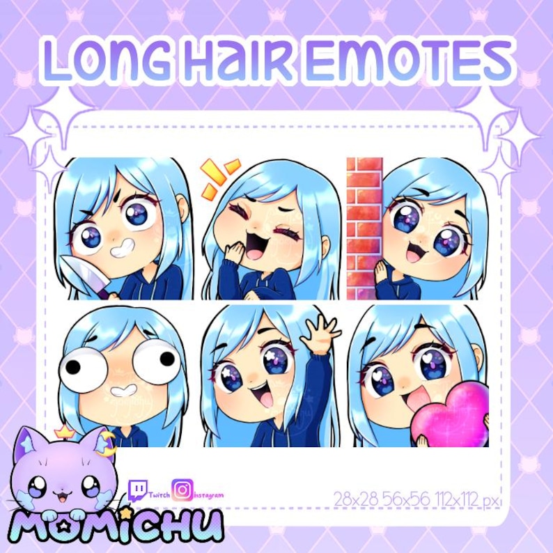 Kawaii Chibi Girl Bundle / (6) Cute Anime Emojis / Short Blue Hair Set ...