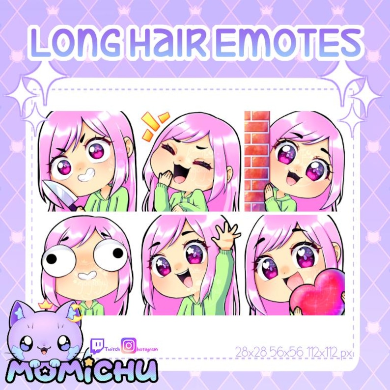 Kawaii Chibi Pink Girl Bundle / (6) Cute Anime Emojis / Long Hair Set ...