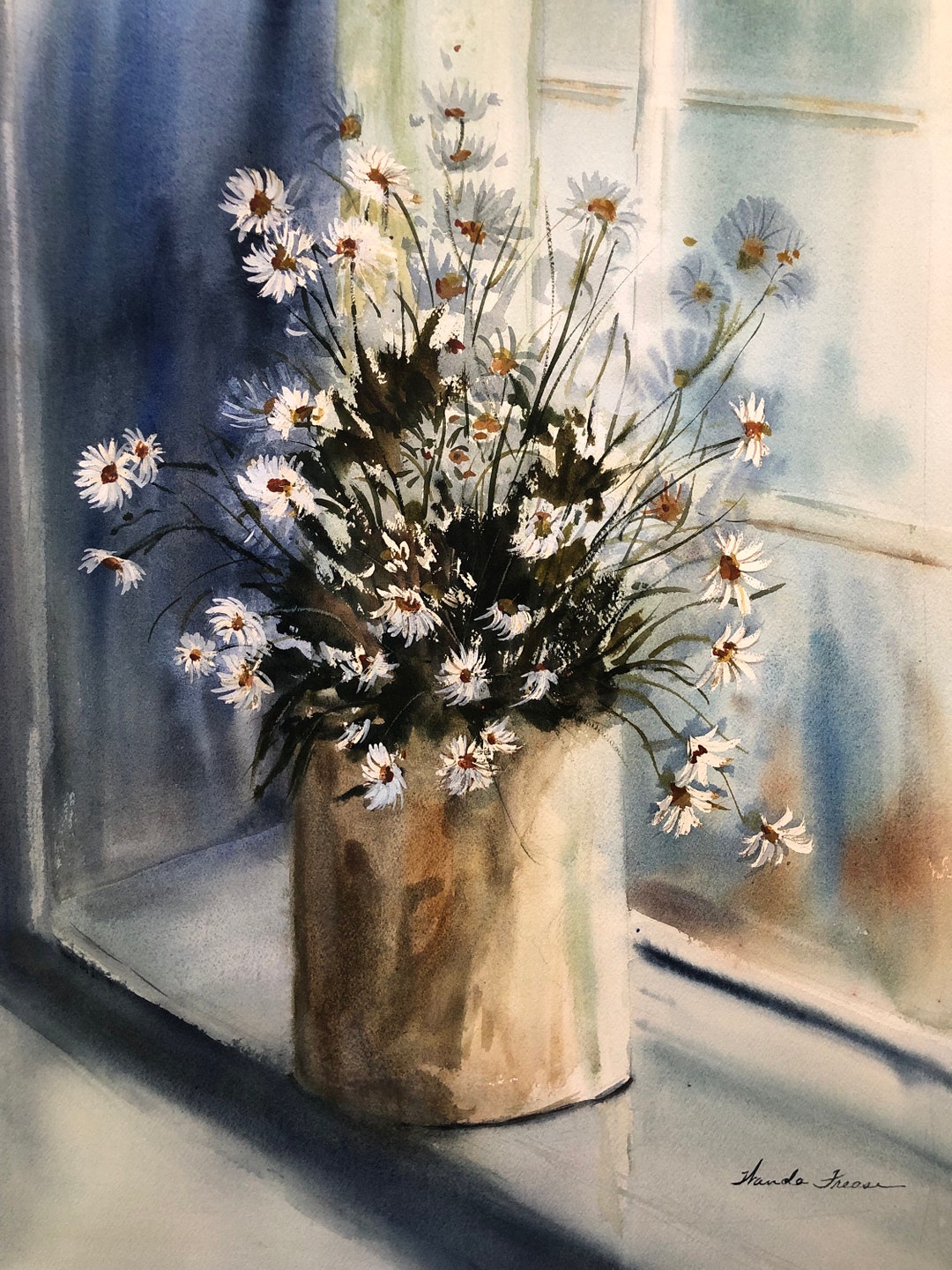 Daisies in a Windowsill Large Watercolor Painting by Wanda Frease - Etsy