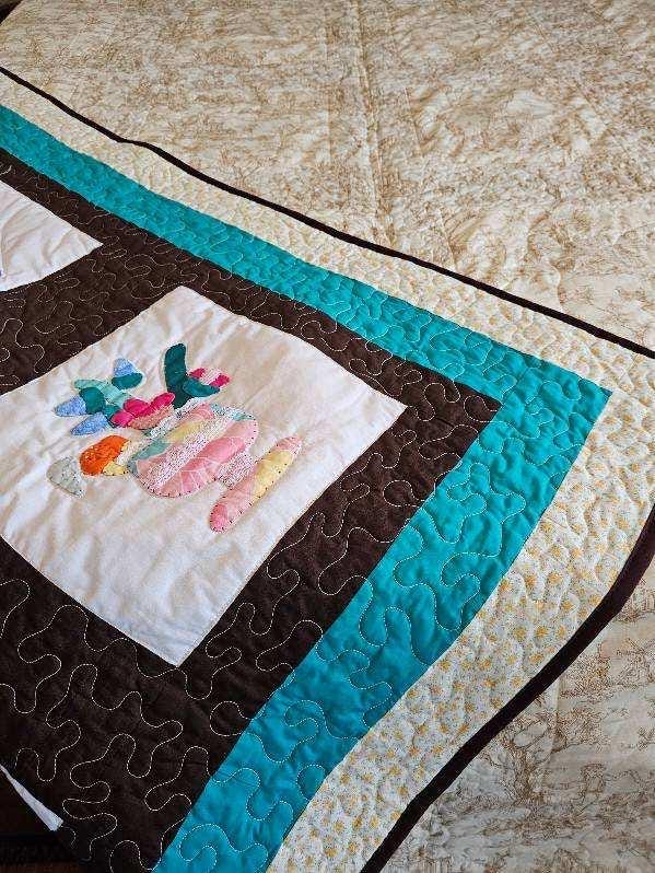 Handmade Floral Basket Appliqué Quilt, With Teal and Brown Accents and ...