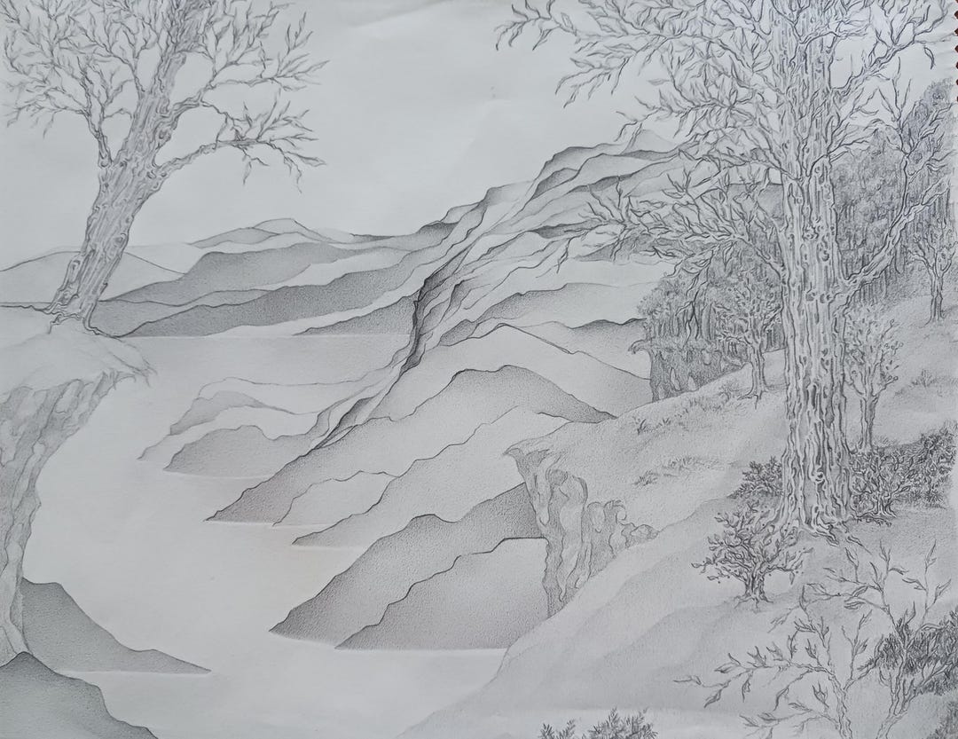 At the Mountain's Edge, Pencil Drawing on Paper, Signed N. Long '97 - Etsy