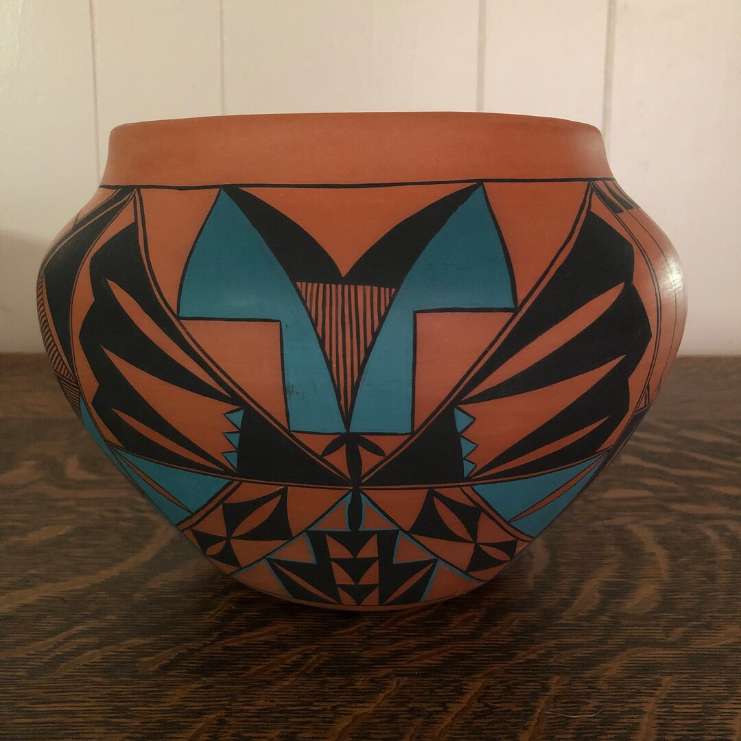 Vintage Pueblo Pottery Bowl With Geometric Black and Turquoise Design ...