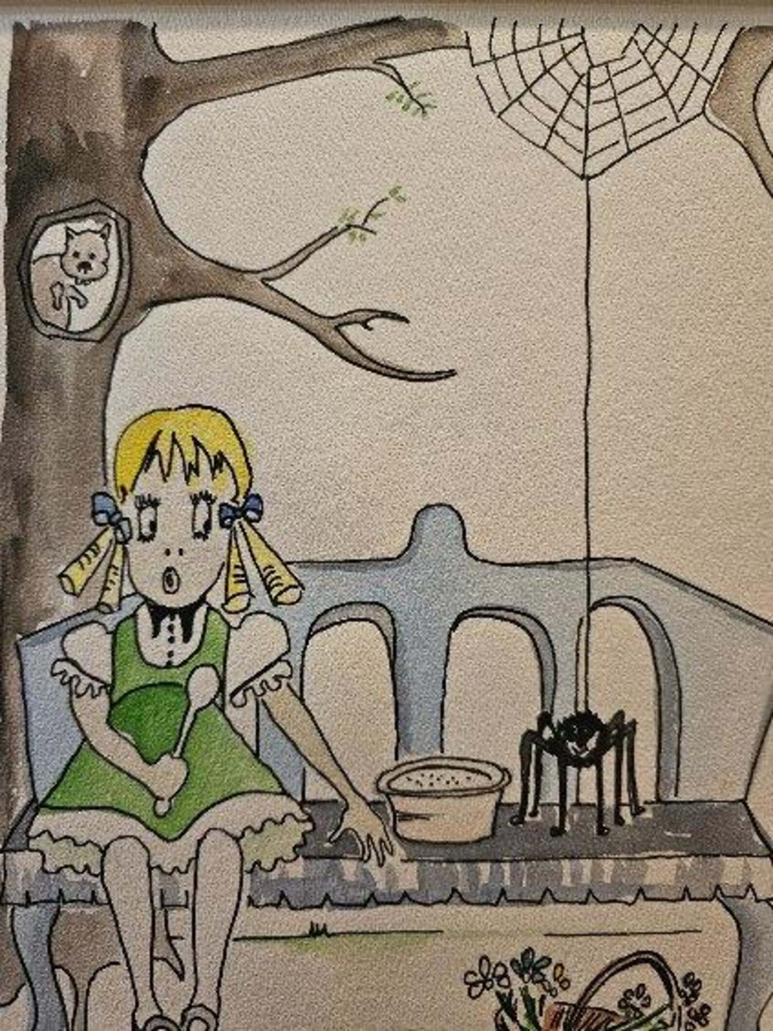 Little Miss Muffet Sat on A Tuffet Watercolor Illustration by Carla - Etsy