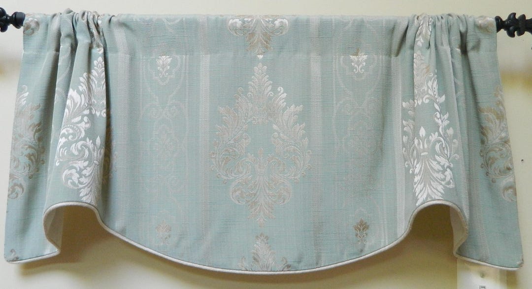 Aqua and Light Gold Damask Pattern window Valance / Lined and Corded ...