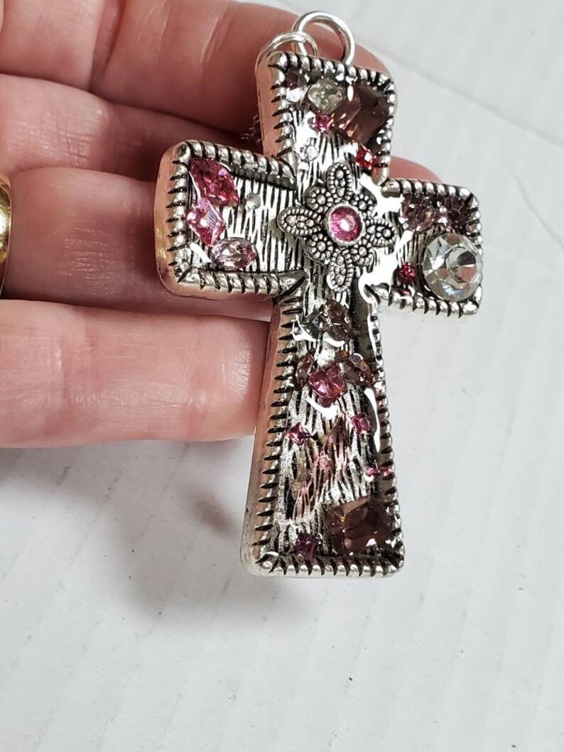 Pink Cross Necklace Silver Toned Shadowboxcollage Pendant - Etsy