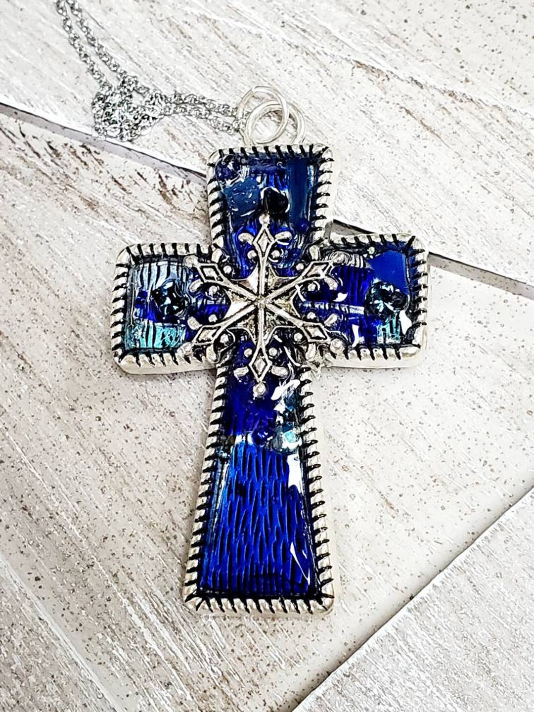 Blue Snowflake Cross Necklace Mosaic Winter Shadowbox Statement Pendant ...