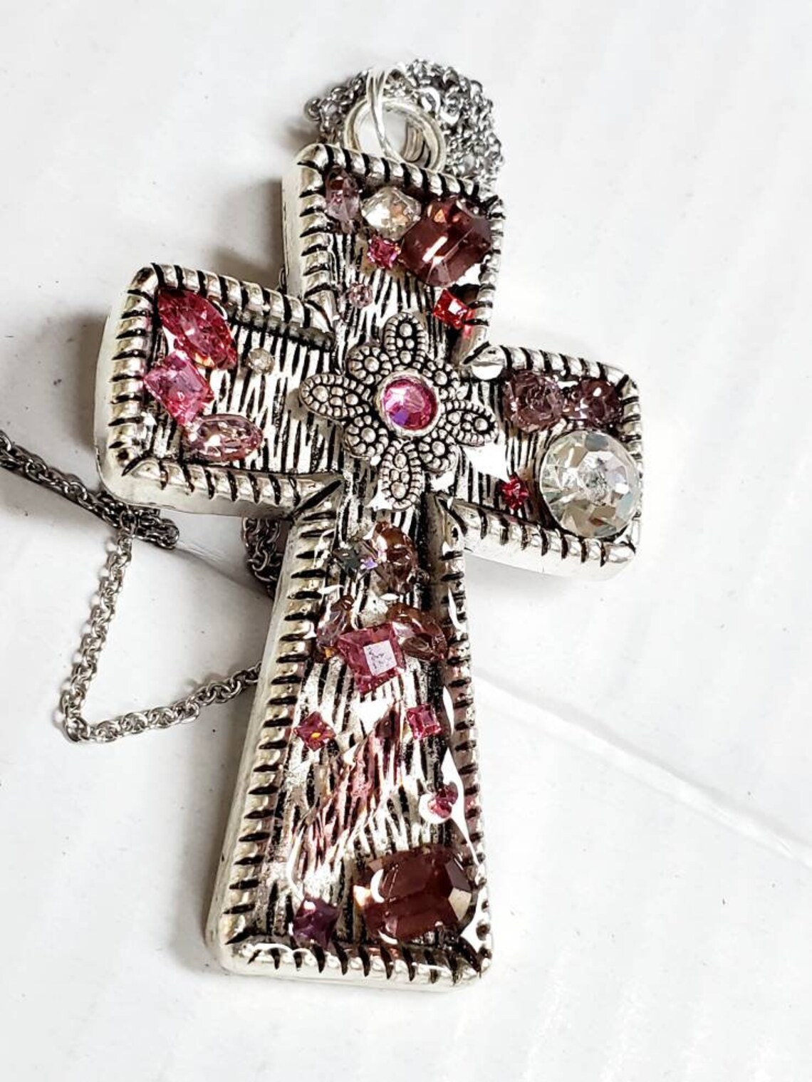 Pink Cross Necklace Silver Toned Shadowboxcollage Pendant - Etsy