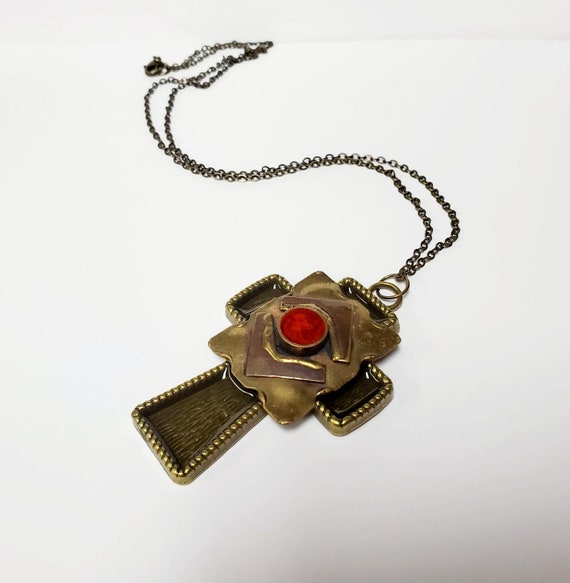 Medieval Cross Necklace Red Glass Cross Pendant Brutalist - Etsy