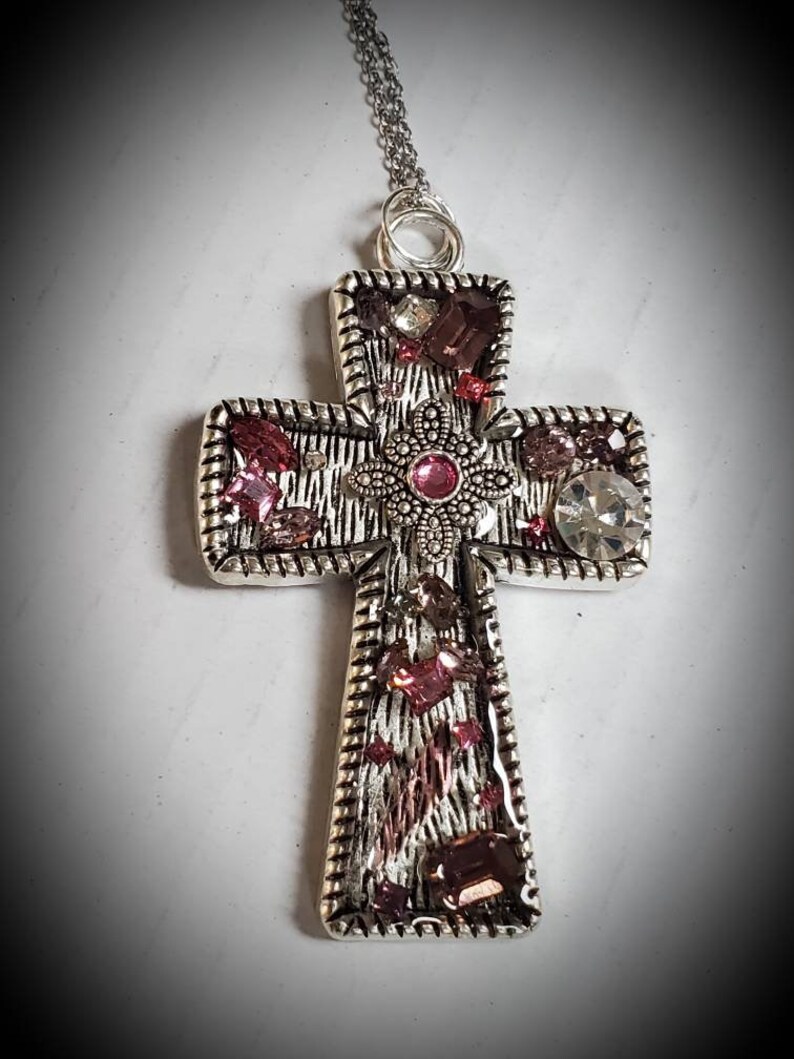Pink Cross Necklace Silver Toned Shadowboxcollage Pendant - Etsy