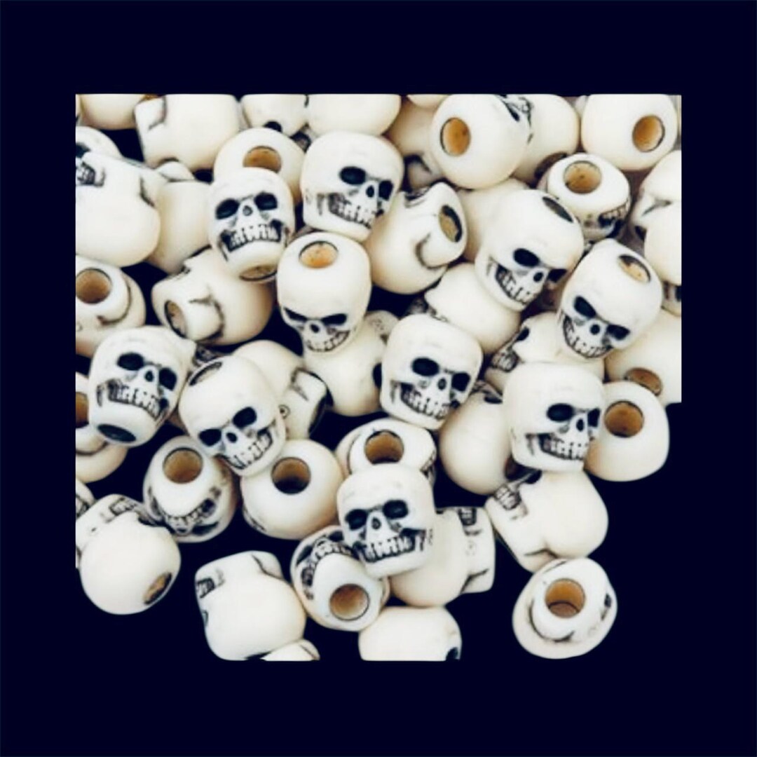 12 Skull Beads, White Skulls With Black Design, Acrylic White Skull ...