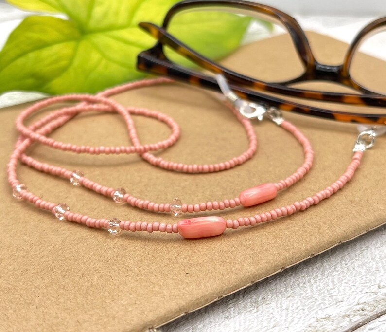 Pink Coral Beaded Sunglasses Chain, Reading Glasses Crystal Necklace ...