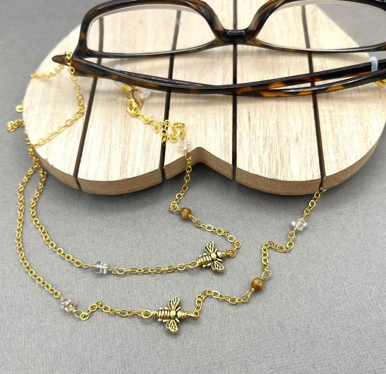Tiger Eye Citrine Gemstone Gold Bee Glasses Necklace, Brown Stone ...