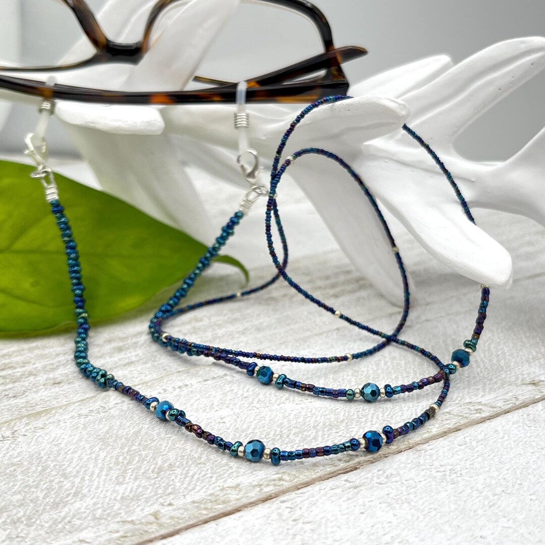Blue Rainbow Beaded Eyeglasses Chain, Delicate Sunglass Necklace ...