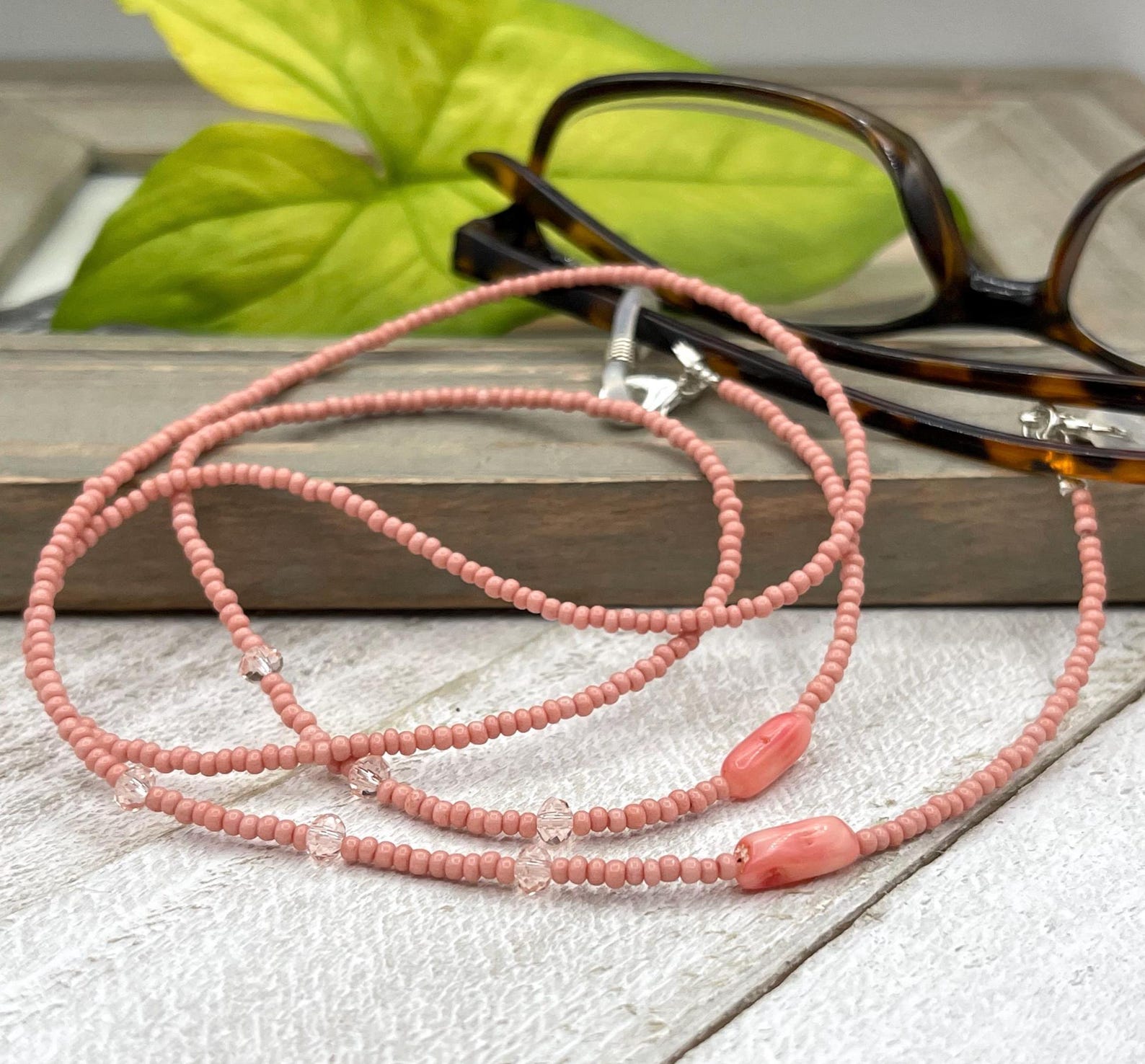 Pink Coral Beaded Sunglasses Chain, Reading Glasses Crystal Necklace ...