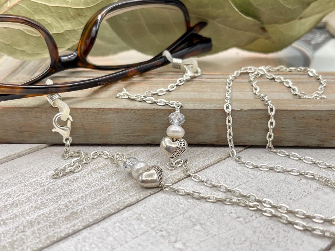 Silver Heart Eyeglasses Chain, Real White Pearl Eyeglass Necklace ...