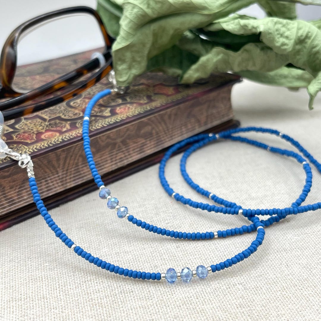 Blue Crystal Beaded Eyeglasses Chain, Delicate Matte Blue Bead ...