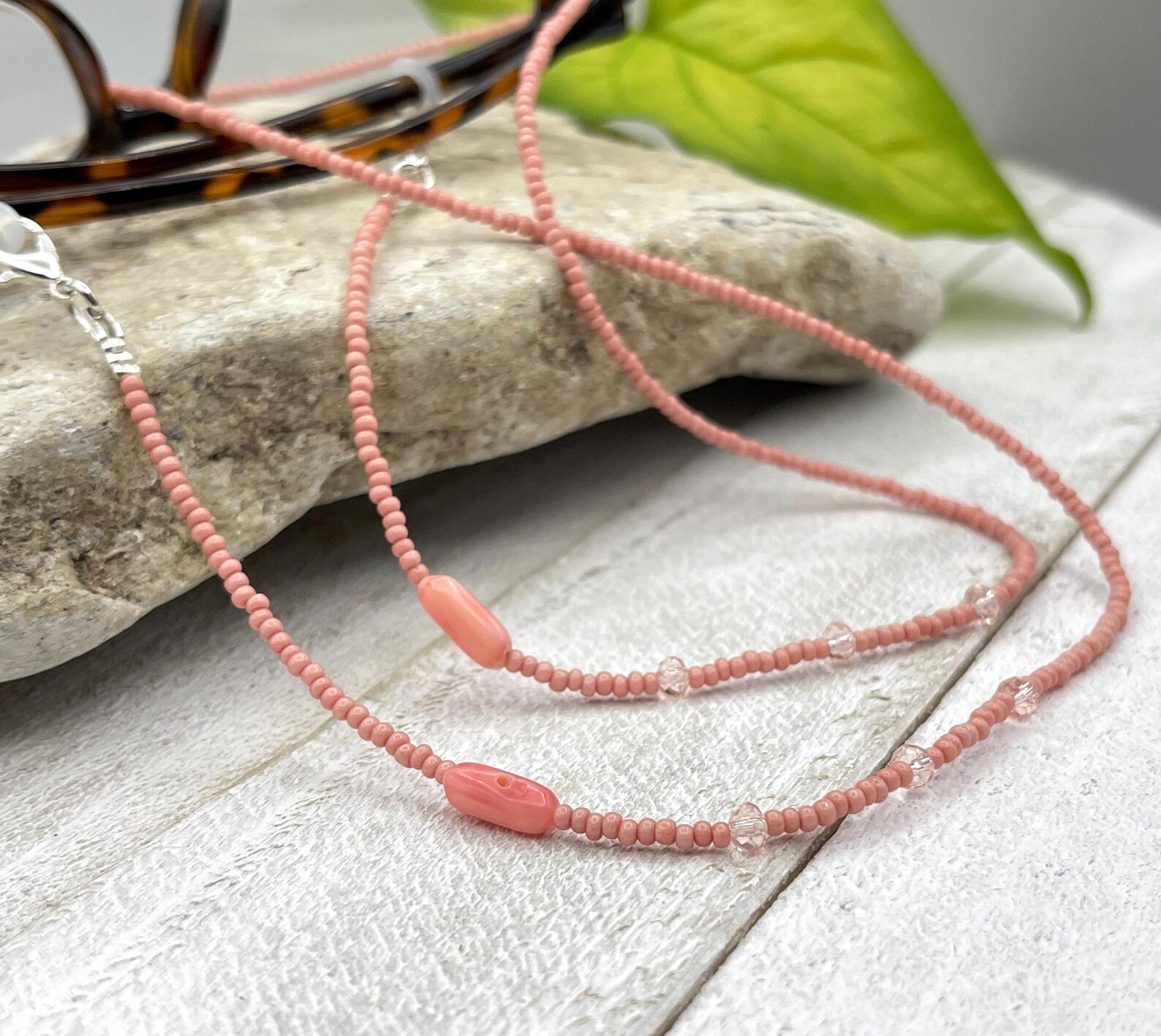 Pink Coral Beaded Sunglasses Chain, Reading Glasses Crystal Necklace ...