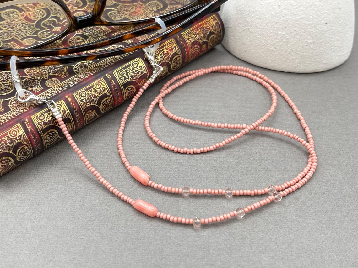 Pink Coral Beaded Sunglasses Chain, Reading Glasses Crystal Necklace ...