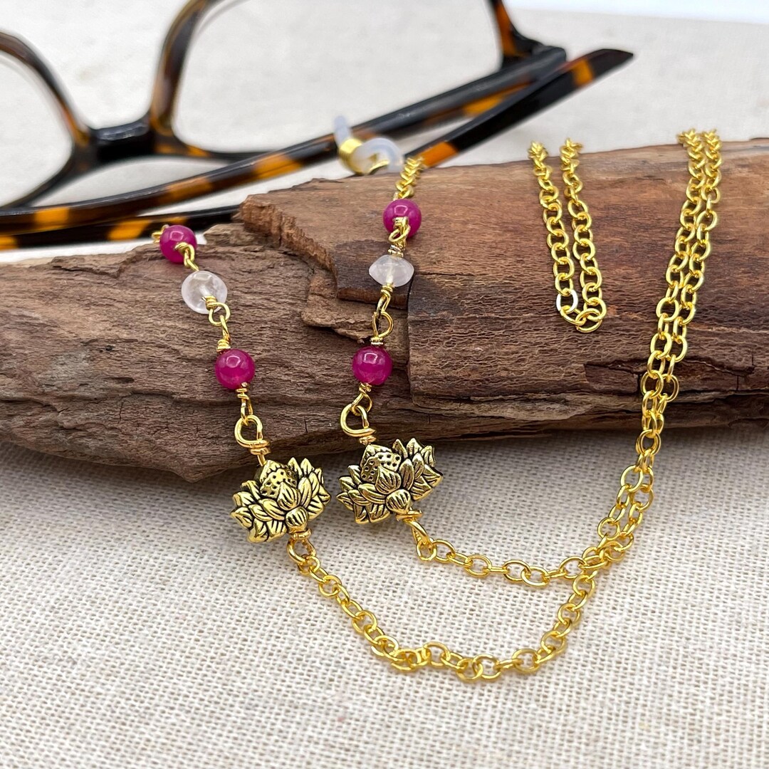 Gold Lotus Flower Eyeglasses Necklace, Pink Gemstone Sunglasses Holder ...