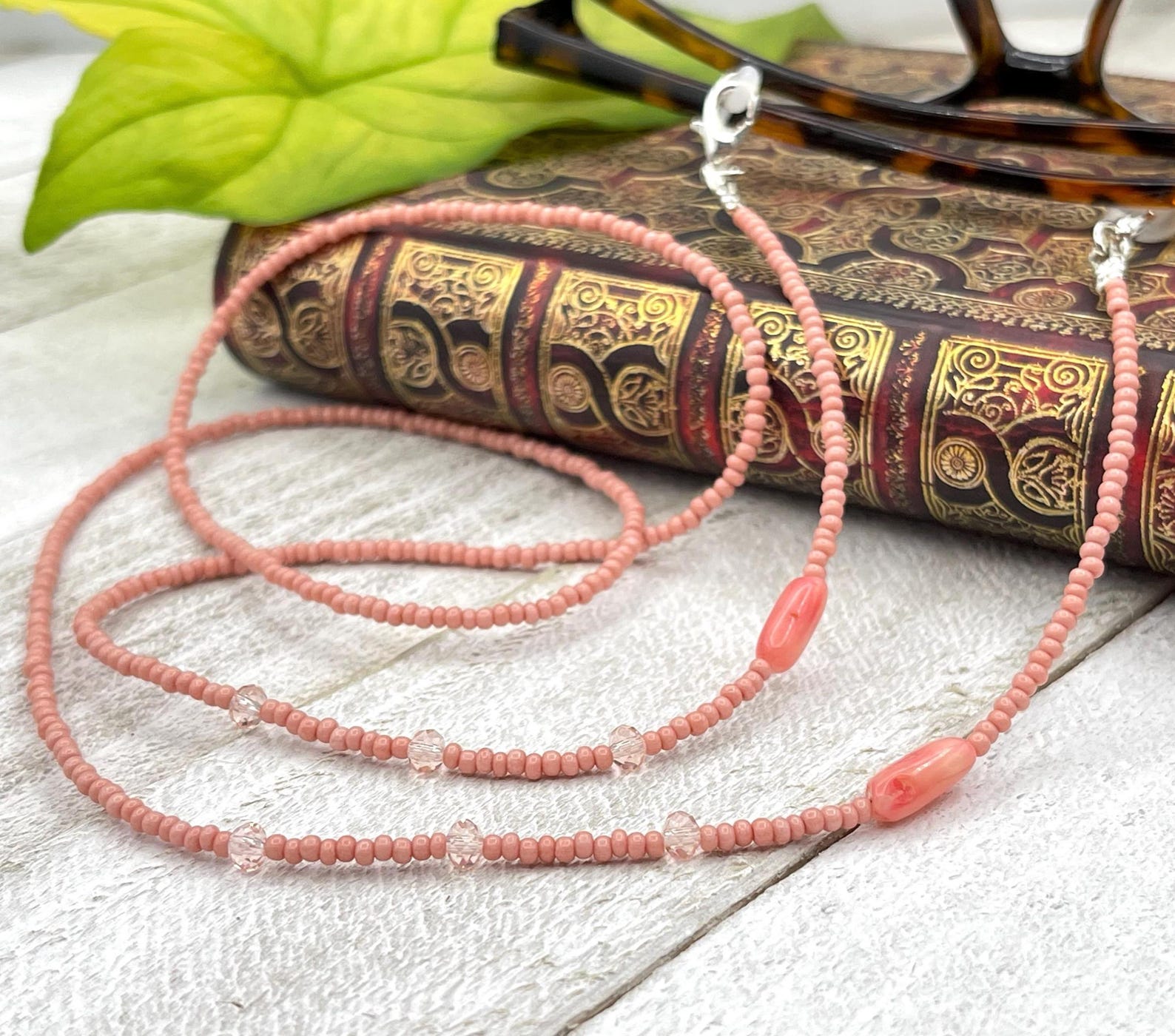 Pink Coral Beaded Sunglasses Chain, Reading Glasses Crystal Necklace ...