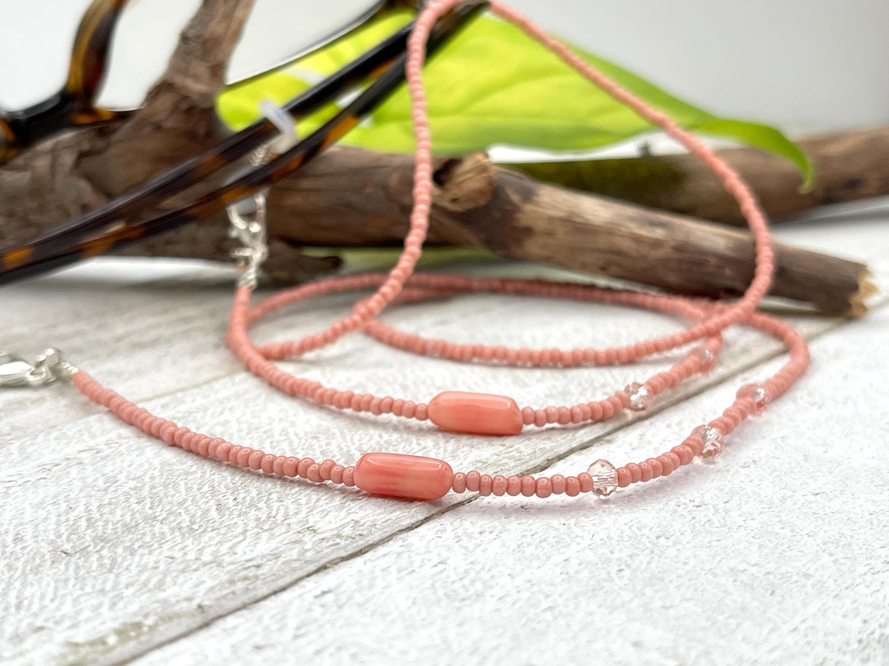 Pink Coral Beaded Sunglasses Chain, Reading Glasses Crystal Necklace ...