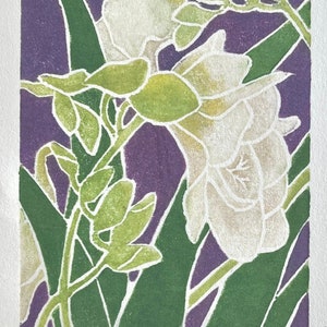 White Floral Woodblock Print,freesia Flowers Woodcut,original Art White ...