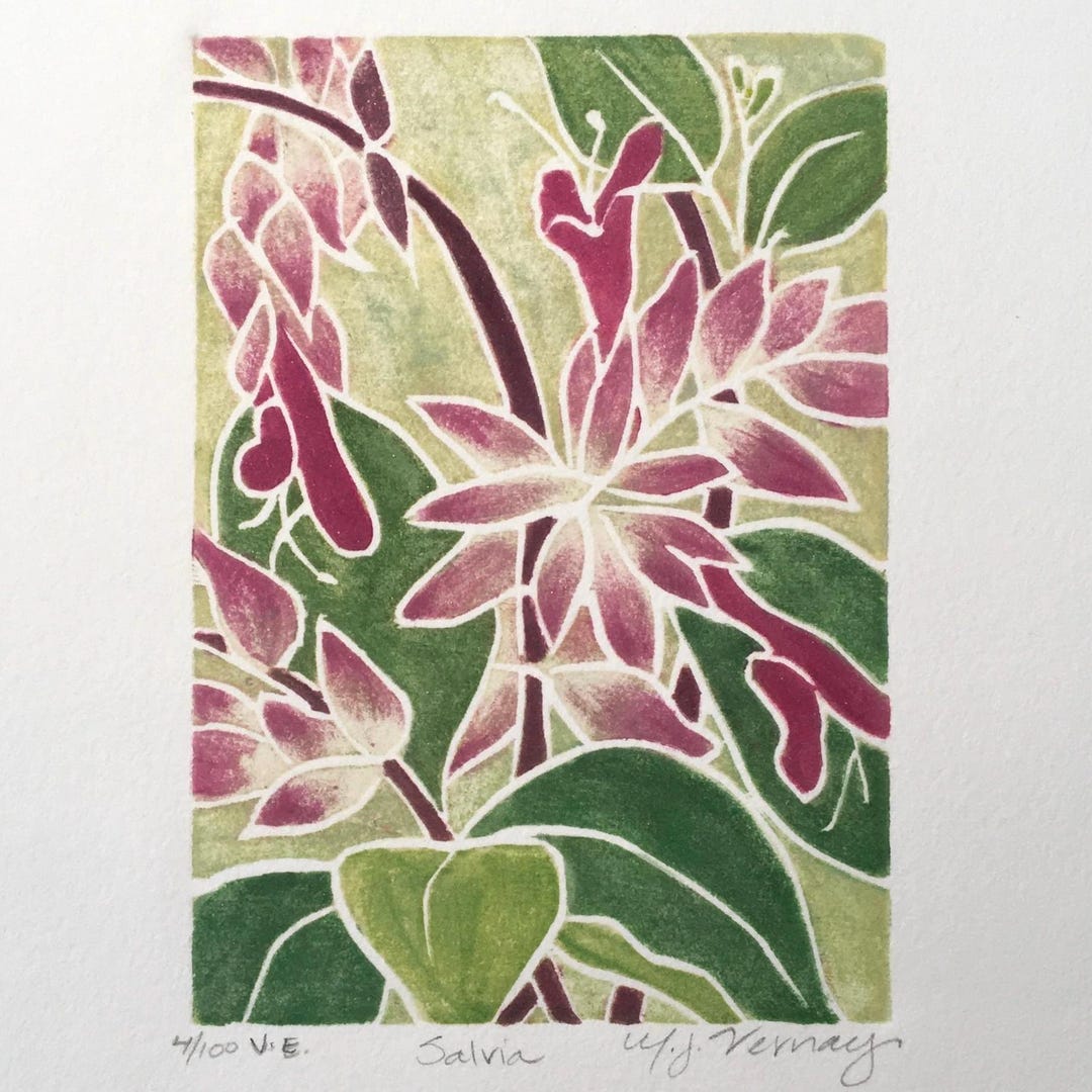 Magenta Floral Woodblock Print, Tropical Art, Original Woodcut ...